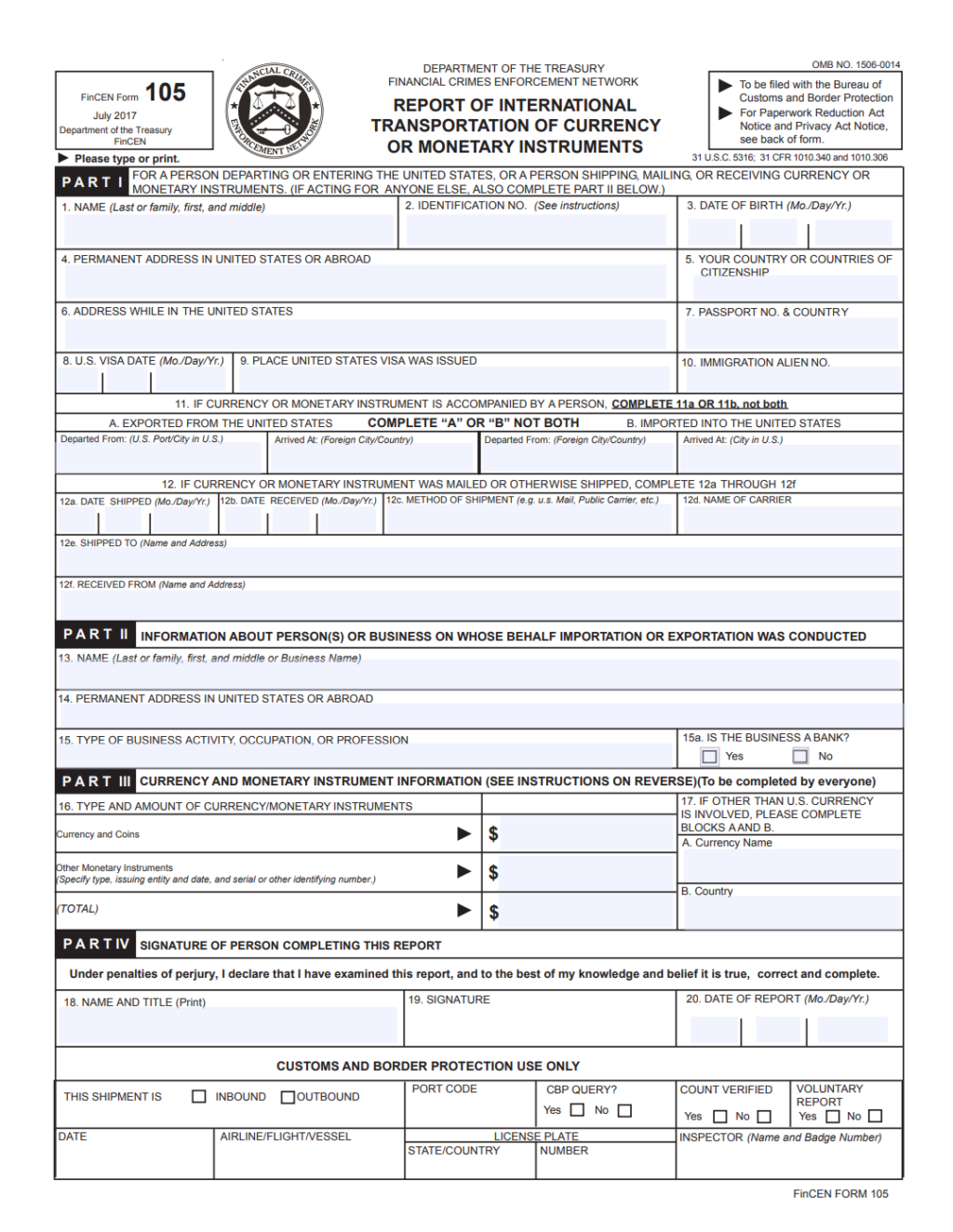 FinCEN Form 105 - Airport Seizures of Cash for Money Laundering
